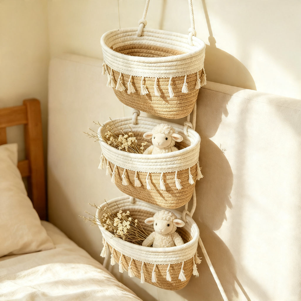 3 Tier Cotton Rope Hanging Storage Basket, Boho Tassel Wall Hanging Or ...