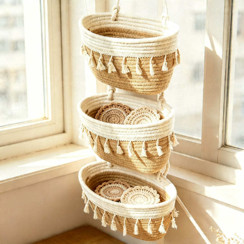 3 Tier Cotton Rope Hanging Storage Basket, Boho Tassel Wall Hanging Or ...