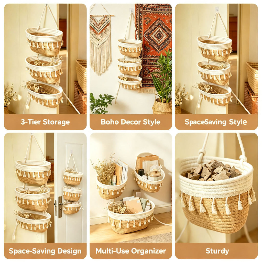 3 Tier Cotton Rope Hanging Storage Basket, Boho Tassel Wall Hanging Or ...